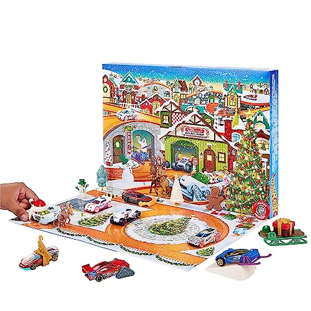 Hot Wheels Toy Car Set, 2023 Advent Calendar with 8 Cars in 1:64 Scale, 16 Accessories & Playmat, Gift for Kids