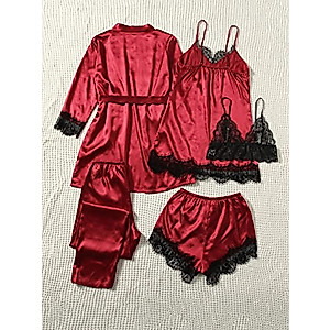 WDIRARA Women's 5 Pieces Satin Sleepwear Lace Trim Pajama Sets with Belted Robe Multicolored L