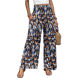 Batehif Womens Palazzo Pants Casual Linen Wide Leg Lounge Pant Elastic High Waisted Long Trousers