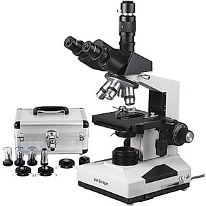 AmScope T490A-PCS Compound Trinocular Microscope, WF10x and WF16x Eyepieces, 40X-1600X Magnification, Brightfield, Halogen Illumination, Abbe Condenser, Double-Layer Mechanical Stage, Sliding Head, High-Resolution Optics, Includes 3 Phase-Contrast Objecti