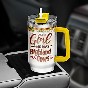 99OWL Highland Cow Sunflower Handle for Yellow Tumblers, 40 Oz Insulated Coffee Cup With Lid and Straw, Brown Women's Tumbler, Cow Gifts