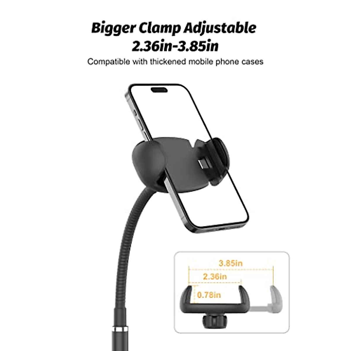Cell Phone Stand, Adjustable Height & Angle Gooseneck Phone Stand for Desk Flexible Arm Universal Phone Holder, Aluminum Alloy Desktop Phone Stand for Recording Compatible with 3.5"-7" Device (Black)