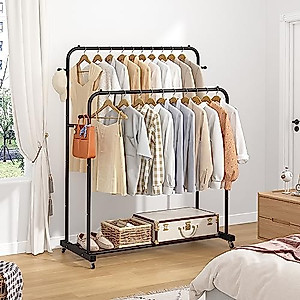 Laiensia Double Rods Garment Rack with Wheels, Clothing Rack for Hanging Clothes,4 Hooks, Multi-functional Bedroom Clothes Rack, Black