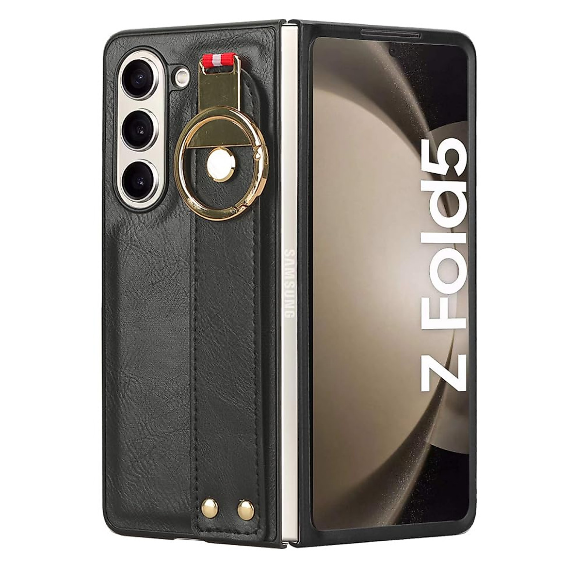 Futanwei for Samsung Galaxy Z Fold5 Case with Wrist Strap Grip Holder Kickstand, Galaxy Z Fold 5 5G Phone Case, [Hard PC + PU Leather] Full Body Shockproof Protective Case Cover for Women Girls, Black