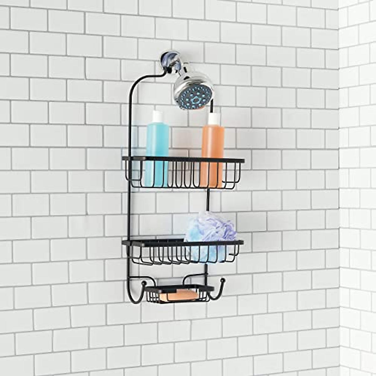 Home Basics Bronze Heavyweight 2-Tier Shower Caddy | Over the Shower head with Rubber Collar | Maximize Storage | 2 Shelves | 2 Hooks