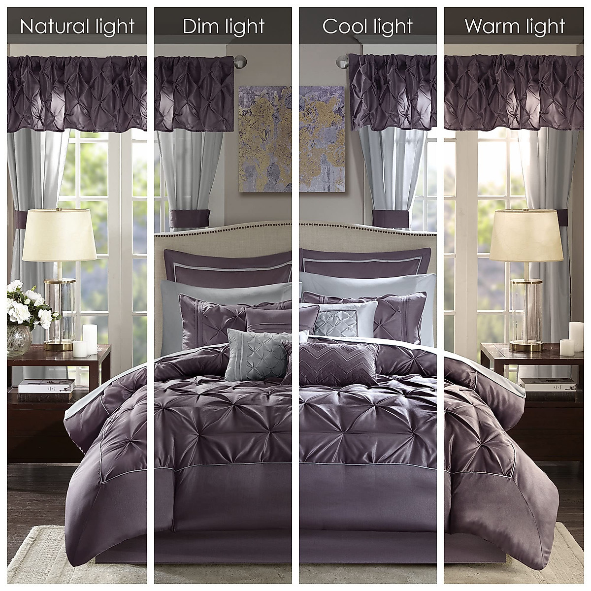 Madison Park Essentials Cal King Comforter Set, 24 Piece Bedding With Matching Curtains, Decorative Pillows, Luxe Diamond Tufting , Room in a Bag Joella Collection, Plum Cal King
