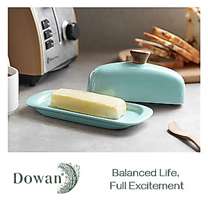 DOWAN Butter Dish with Lid, Ceramic Butter Keeper, 8 Inch Farmhouse Butter Holder with Handle Cover, Butter Container Perfect for East West Coast Butter, Turquoise