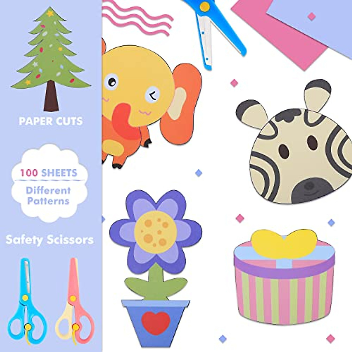 UCEC Toddler Scissors Kids Paper Cut 100 Sheets, 2PCS Plastic Safety Scissors + 2PCS Stainless Steel Preschool Training Scissors, DIY Art Craft Origami Paper Child Scissors for Kids Preschool Child