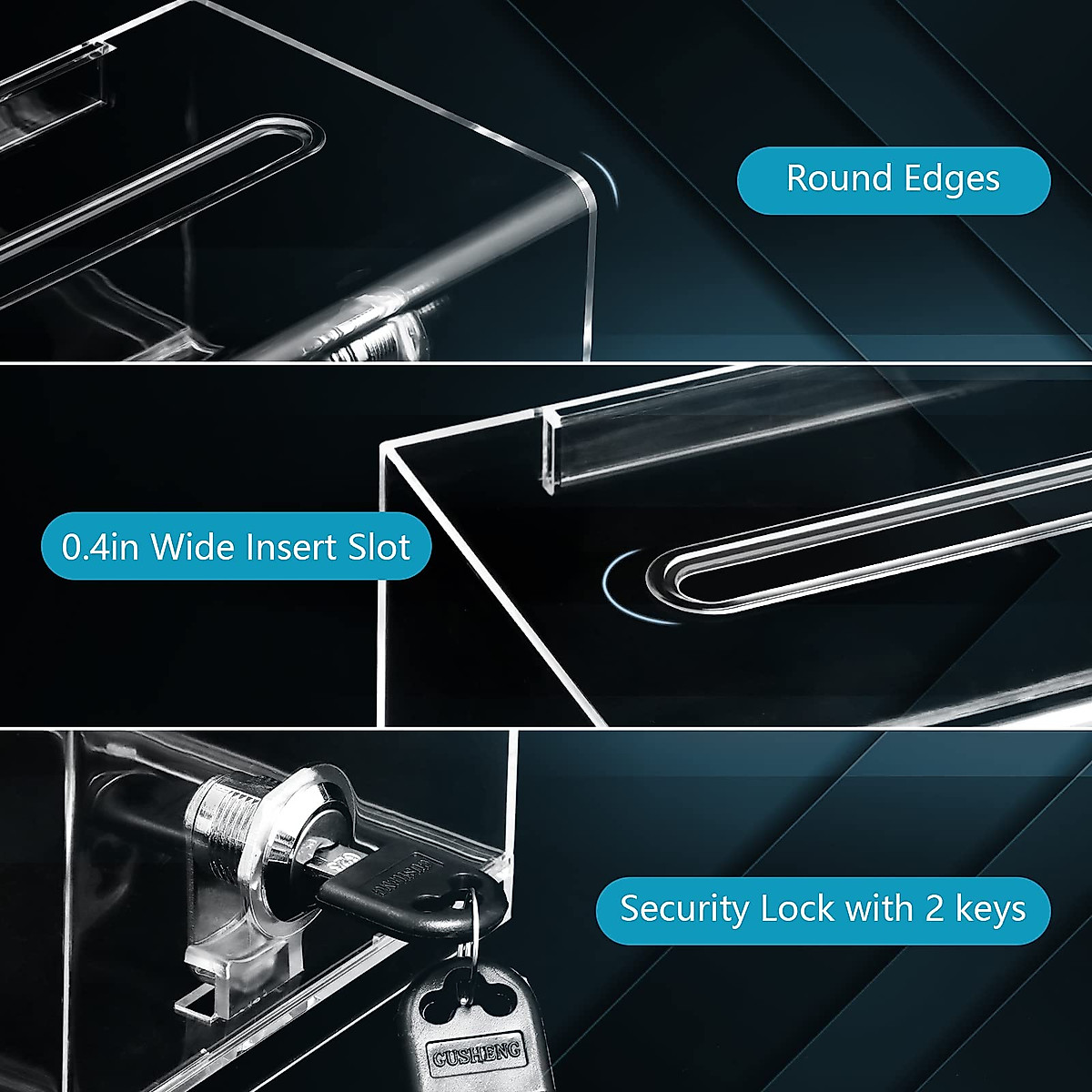 KYODOLED Clear Donation Box with Lock,Ballot Box with Sign Holder,Suggestion Box Storage Container for Voting, Raffle Box,Tip Jar 6.2" x 4.6" x 4.0"