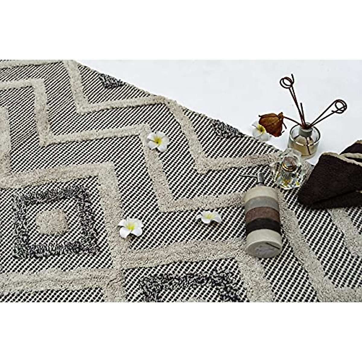 CHARDIN HOME 3x5 Cotton Boho Rug Grey and Ivory | Modern Farmhouse Throw/ Bath Rug for Bathroom Bedroom Kitchen entryway and More | Machine Washable high Low Textured Area Rug