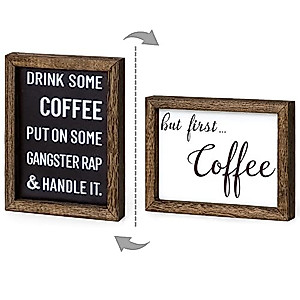 Mkono 1 Pcs Coffee Signs Decor Farmhouse Coffee Table Decor 2 Sides with Different Sayings Rustic Wood Coffee Sign, Office Home Bar Wall Table Decor