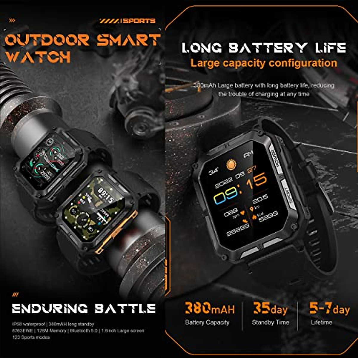 Military Smart Watches for Men IP68 Waterproof Bluetooth Call(Answer/Dial Calls) 1.83'' Tactical Outdoor Sports Fitness Watch Tracker with Blood Pressure Heart Rate Monitor for Android iOS (Black)