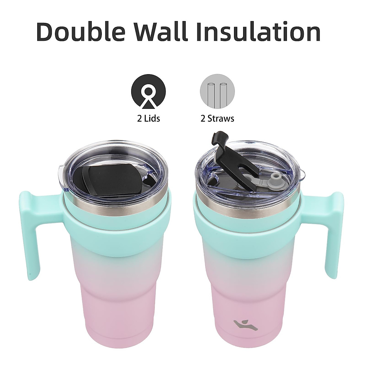 Konokyo 20 oz Tumbler with Handle and 2 Straw 2 Lid, Insulated Water Bottle Stainless Steel Vacuum Cup Reusable Travel Mug,Gum