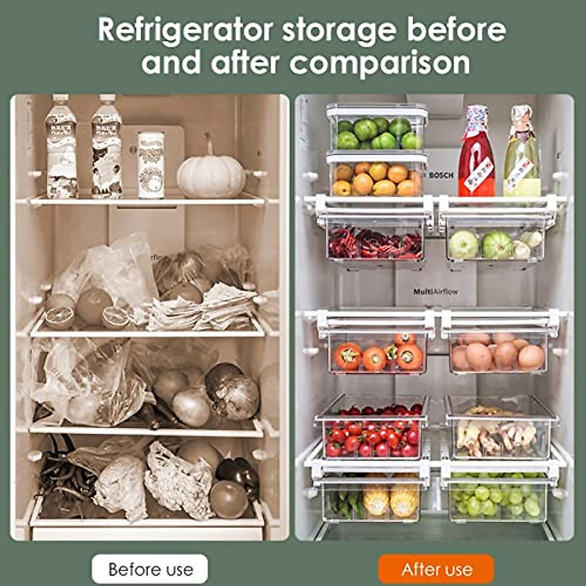 Txkrhwa Fridge Drawer Organizer Clear Refrigerator Organizer Bin Fridge Pull Out Food Storage Box Space Saving Kitchen Egg Holder Fruit Storage Sliding Container for Fruit Vegetable Egg(Four grid)