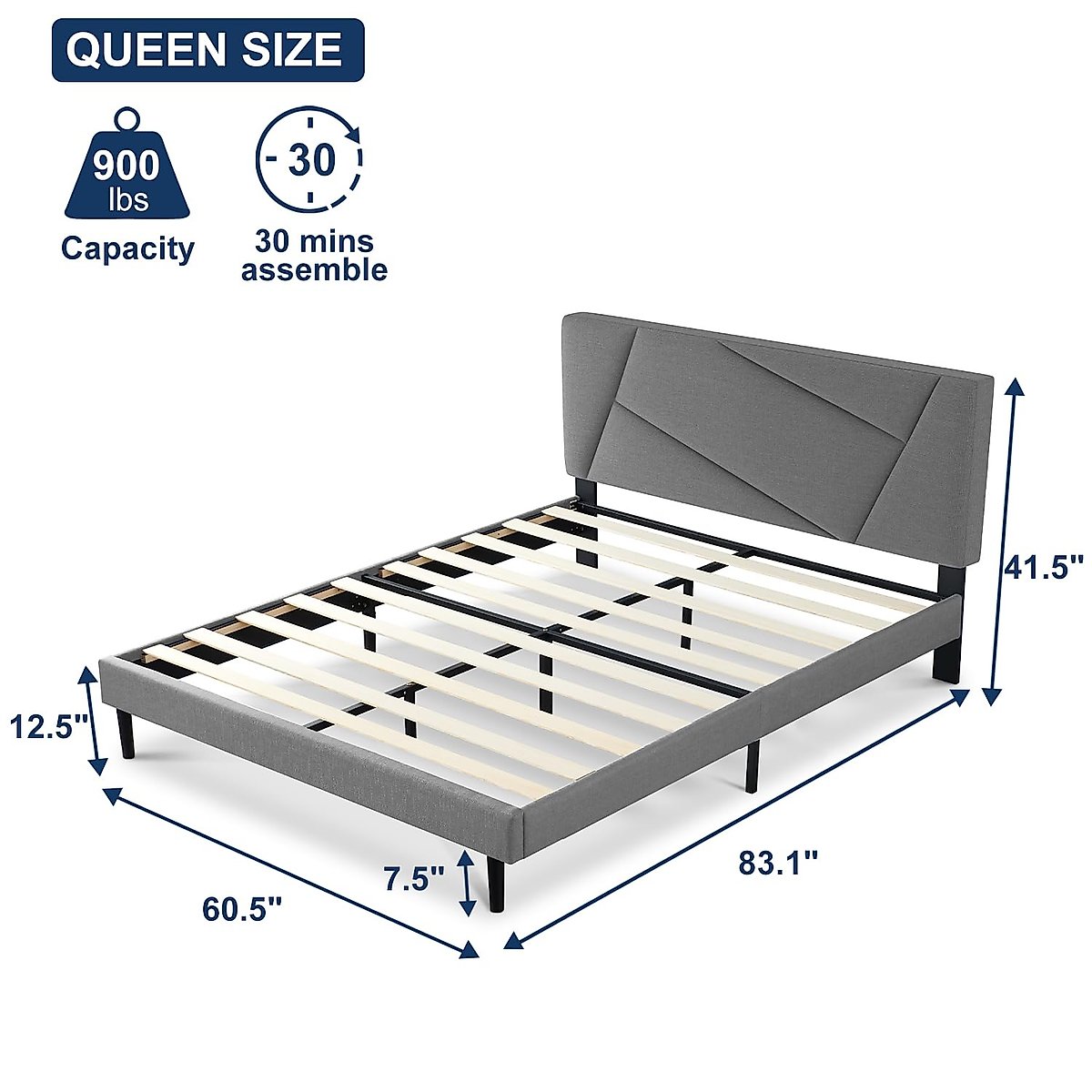 Molblly Queen Bed Frame with Adjustable Headboard, Linen Fabric Wrap, Strong Frame and Wooden Slats Support, No Box Spring Needed, Non-Slip and Noiseless, Easy Assembly, Light Grey