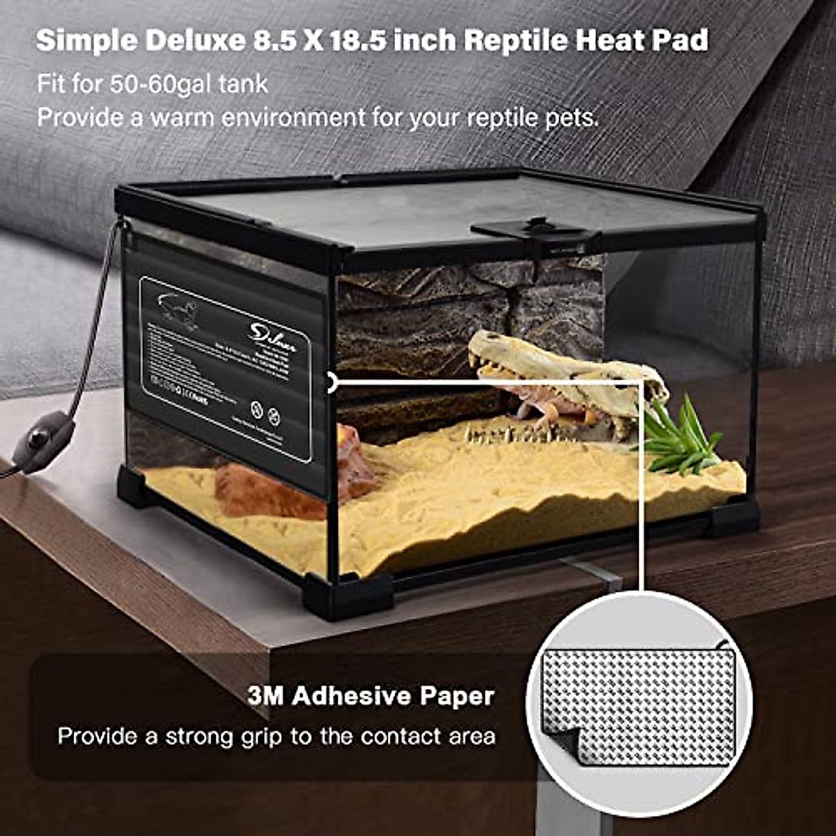 Simple Deluxe 8.5 X 18.5 Inch 24W Reptile Heat Mat Temperature Adjustable Under Tank Heater Terrarium Warmer Heating Pad for Amphibians and Reptiles Pet, Black