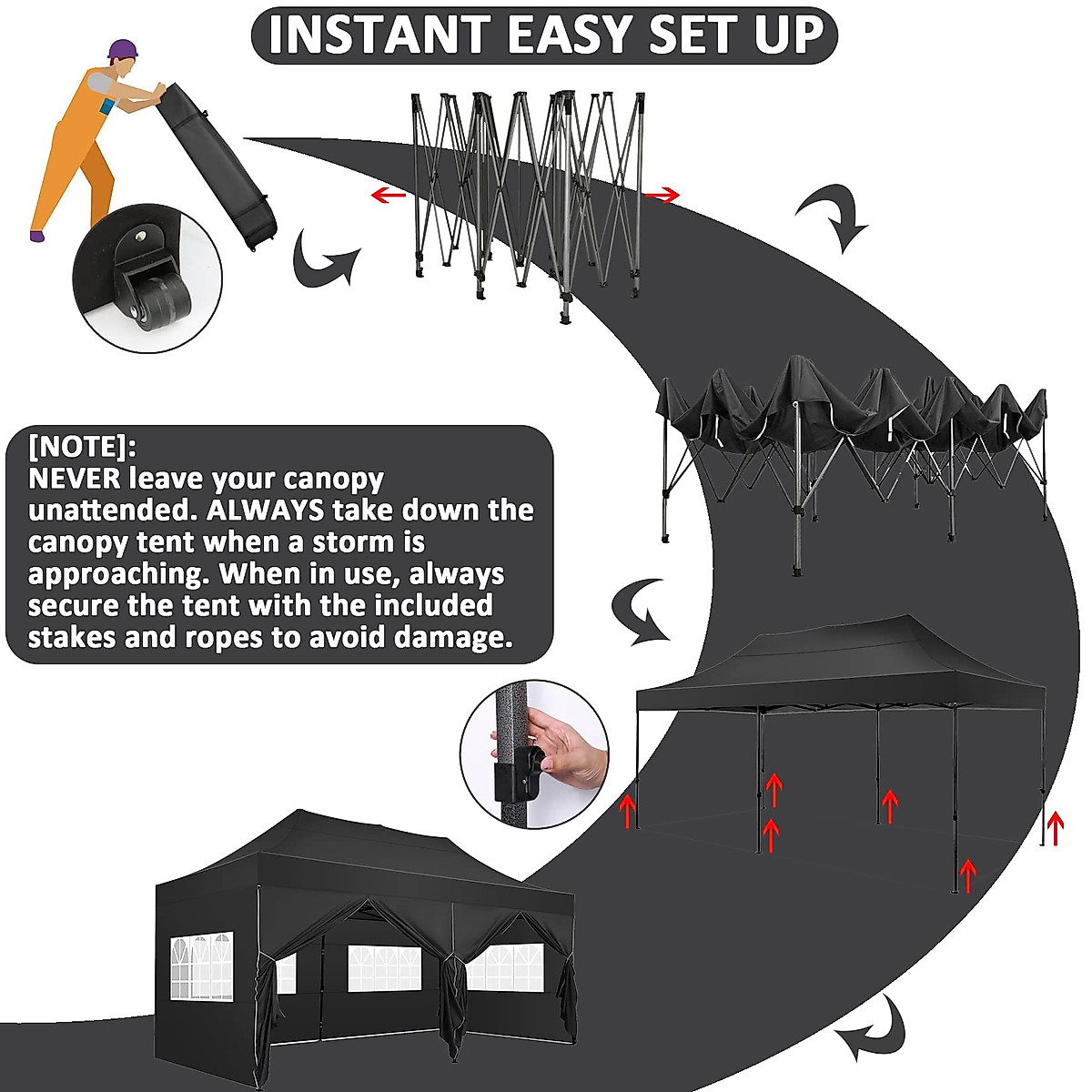 COBIZI 10x20 Pop Up Canopy with 6 Sidewall,Heavy Duty Canopy UPF 50+ All Season Wind Waterproof Commercial Outdoor Wedding Party Tents for Parties Canopy Gazebo with Roller Bag(10 x 20 ft Black)