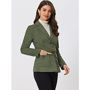 Allegra K Women's Faux Suede Blazer Belted Lapel Outwear Single Breasted Work Jacket Medium Army Green