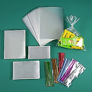 Macoota 200 Pcs 3" x 5" Small Clear Thick Cello Treat Bags Flat Cellophane Bags With 6 Colors Twist Ties Packaging Wrapping Cookies Candies Popcorn Gift Cellophane Bags