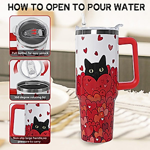 Nqhsionv Valentines Cat Tumbler with Handle 40 oz Cute Black Cat Love Hearts Coffee Travel Mug Stainless Steel Insulated Cup Valentines Anniversary Wedding Birthday Gifts for Women Cat Lover