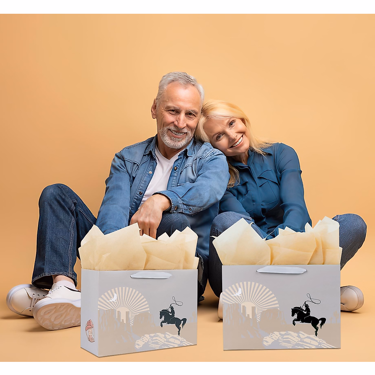 ysmile Cowboy Gift Bag for Men Boy, 13" Large Paper Bag Wrapping Tissue, Single 1 Pack