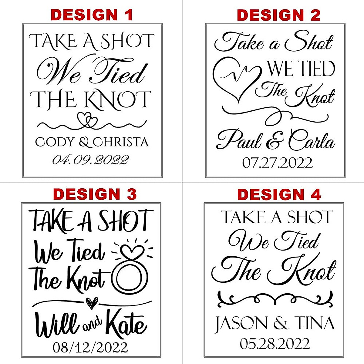 Personalized wedding shot glasses, take a shot we tied the knot, cute customizable wedding favors for guests, custom shot glasses, personalized wedding favors, wedding glasses