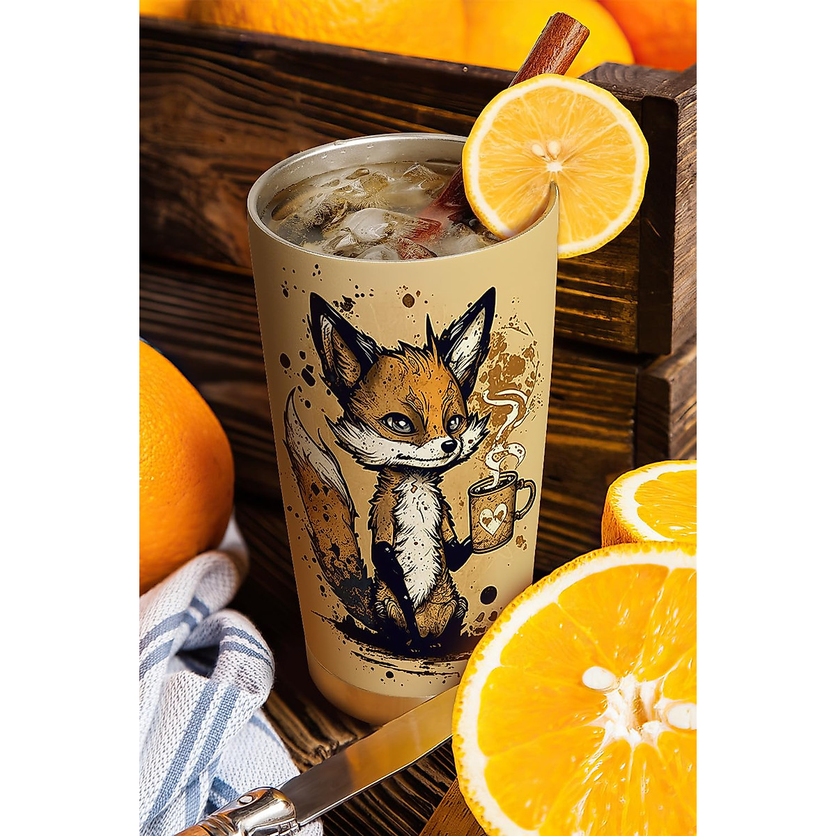 20oz Vintage Coffee Fox Tumbler, Gifts for Fox Lovers, Coffees Thermos for Women, Stainless Steel Double Wall Vacuum Insulated Coffee Mug, Travel Cup with Lid