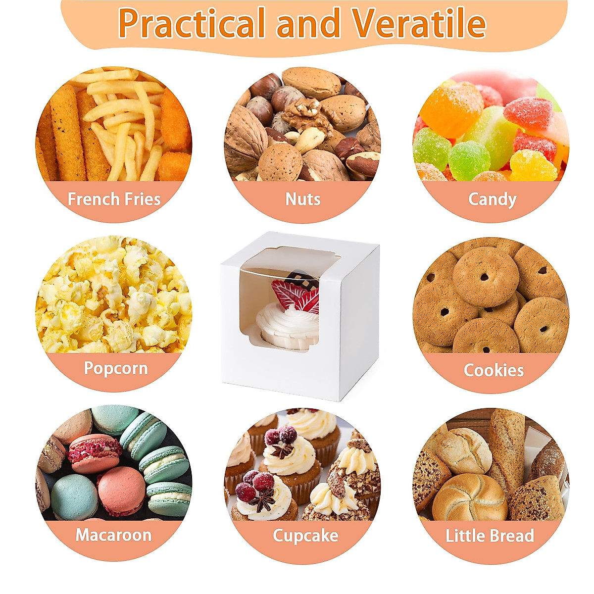 BOOMIBOO 50 Pack Individual Cupcake Containers, Cupcake Boxes with Window, Food Grade Cupcake Holders with Inserts, Stackable Deep Cupcake Carrier (White)