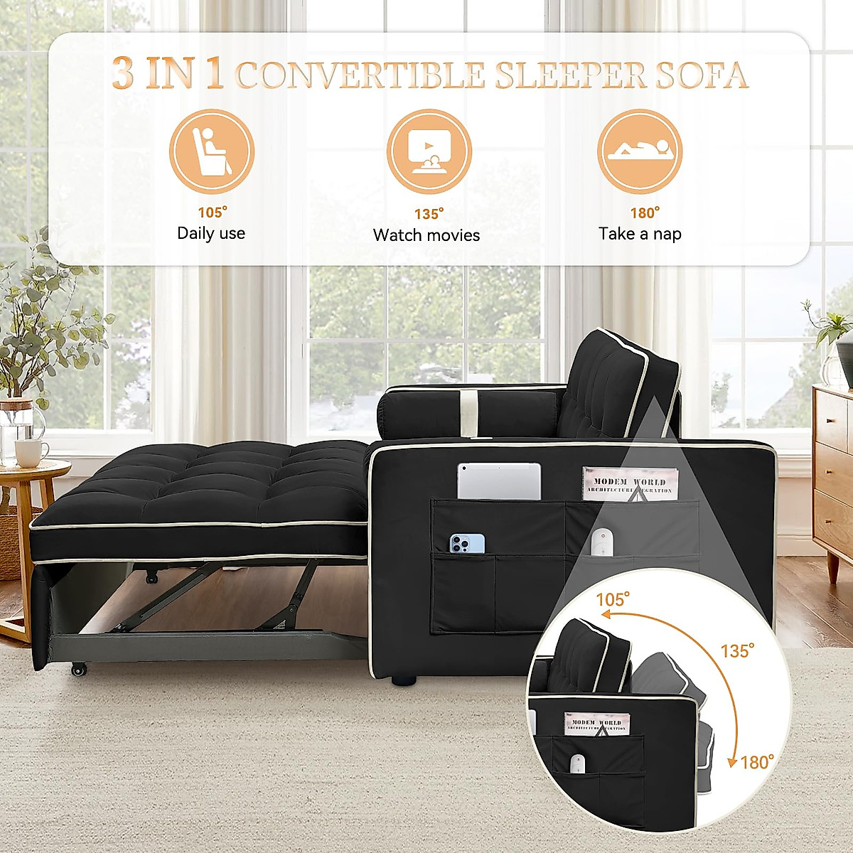 Antetek Upgraded Sleeper Sofa Couch Bed with Phone Holder, 3 in 1 Small Modern Convertible Velvet Loveseat Futon Sofa w/Pullout Bed, Adjustable Backrest for Living Room Apartment, Small Space, Black