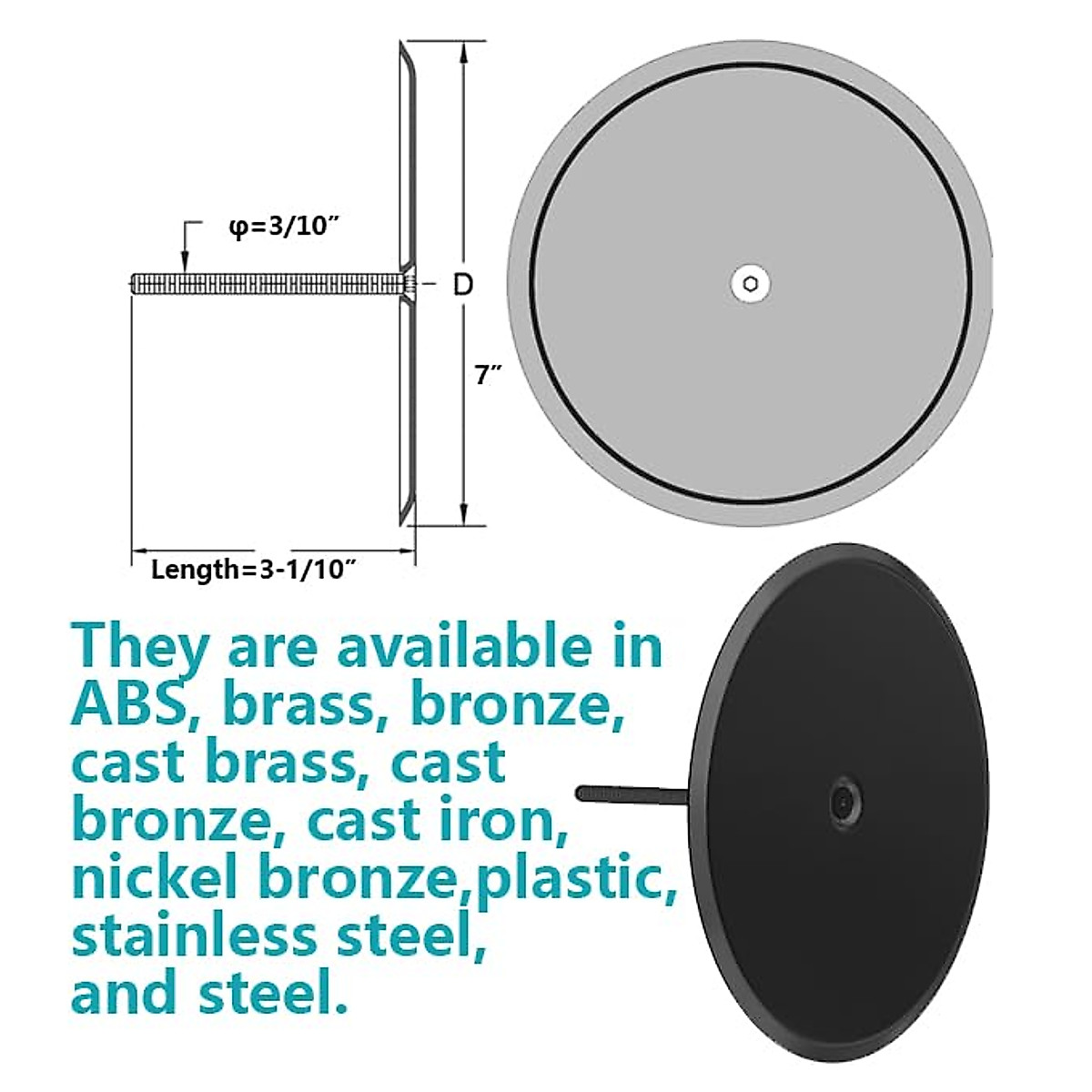 7" Black Decorative Cleanout Access Covers Plate, Flat Design Cover and Seals CO2530-SS7 For Back Deck Drains and Plug Hole with Large Center Securing Screw, Stainless Steel, Round