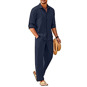 COOFANDY Men's 2 Pieces Linen Set Button Down Shirts and Loose Pants Wide Leg Baggy Beach Yoga Trousers Outfits