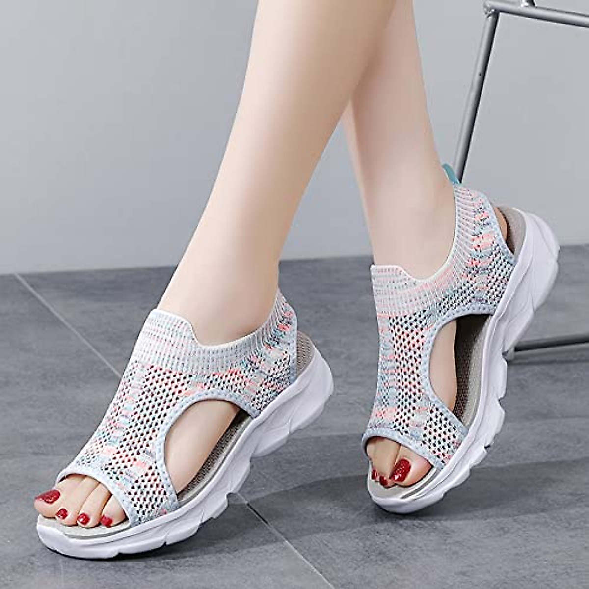 CsgrFagr Women's Over The Knee Boots Women Summer Mesh Beach Slip On Sport Hollow Casual Open Toe Flat Soft Bottom Breathable (Sky Blue, 7)