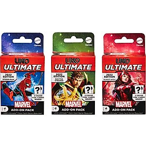 Mattel Games ​UNO Ultimate Marvel Add-On 3-Pack Set with Collectible Character Deck & 2 Foil Cards, Includes Spider-Man, Dr. Strange and Scarlet Witch