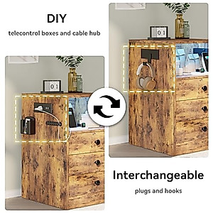 LIKIMIO Nightstand with Charging Station and 3 Drawers, LED Lights End Side Table with interchangeable sockets and Hooks, Vintage Brown