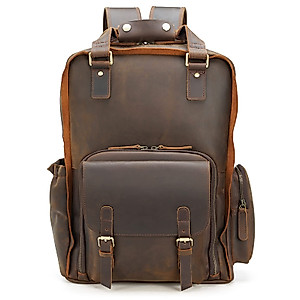 Polare Large Vintage Full Grain Italian Leather Backpack 15.6 Inch Laptop Bag Hiking Travel Rucksack for Men with Premium YKK Zippers Dark Brown