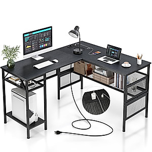 Mr IRONSTONE Computer Desk with Power Outlet, L Shaped Desk with Storage Shelves, Corner Gaming Desk with USB Charging Port for Home Office for Studying/Writing/Gaming - Willow Black