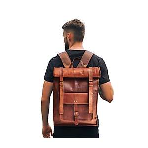 jaald 23" Brown Leather Backpack Vintage Rucksack Laptop Bag Water Resistant Roll Top College Bookbag Comfortable Lightweight Travel Hiking/picnic For Men