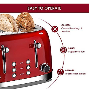 REDMOND 4 Slice Toaster Retro Stainless Steel Toasters with Bagel Defrost Cancel Function, 6 Browning Settings, Red, ST033 WT-340C