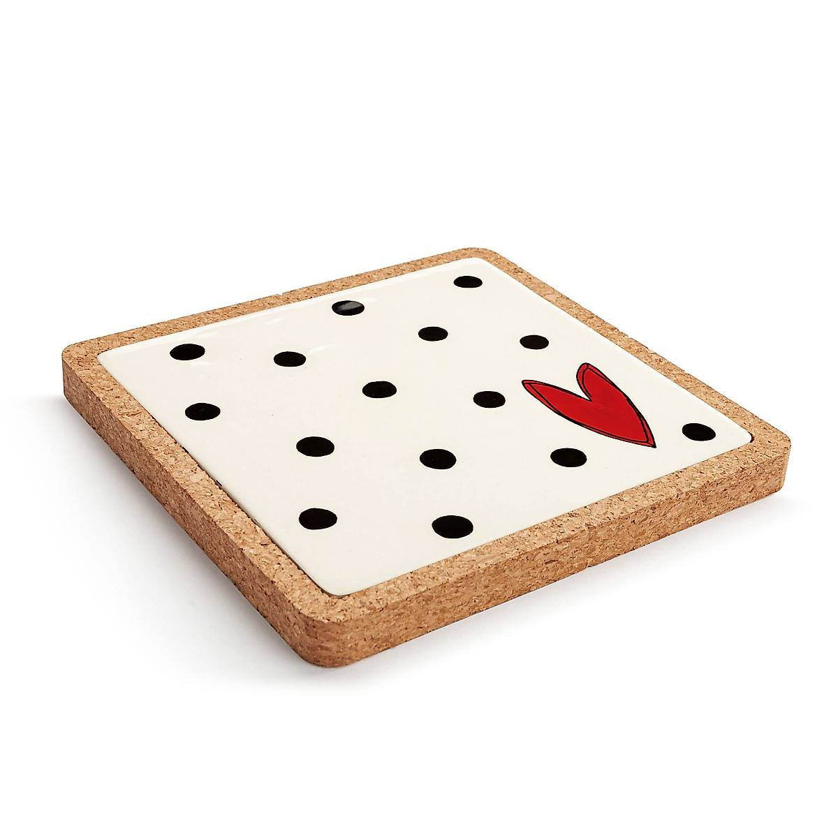 Demdaco Dots and Heart Glossy White 7.5 inch Stoneware Cork Base Trivet