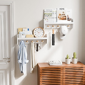 YEMNMFH Nursery Floating Shelves Set of 2 - Pine Wood Kids Shelves, Wall Shelf with Hooks, 24 Inches Floating Shelves for Wall Storage, Nursery Shelves for Kids Room, Bedroom, Entryway(White)