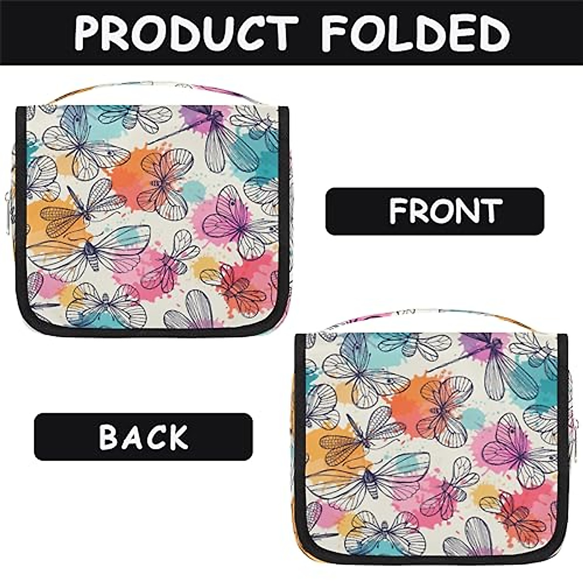 POFATO Butterfly Dragonfly Ink Travel Toiletry Bag Cosmetic Makeup Bag for Women Men Hanging Hook Wash Toiletries Portable Toiletry Bags Organizer