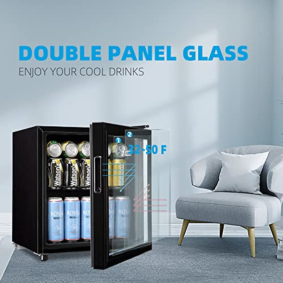 WANAI Mini Fridge Cooler 60Cans Beverage Refrigerator Glass Door Beverage Cooler for Beers Wine Juicer Cooler Adjustable Shelves LED Lights for Home, Office or Bar