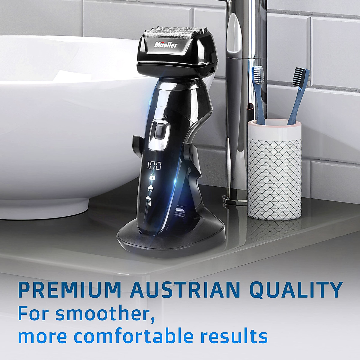 Mueller Razor for Men, 5-Element Cutting System, Wet/Dry, Rechargeable, Precision Trimmer, LED, 40,000 Cross-Cutting Actions/Min For Closest Shave