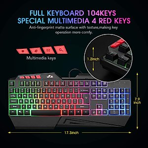 Rii RK202 RGB Gaming Keyboard Multiple Color Rainbow LED Backlit USB Wired Gaming Keyboard,104 Keys Silent Keyboard with Wrist Rest for Windows & Mac PC Gamers (Black)