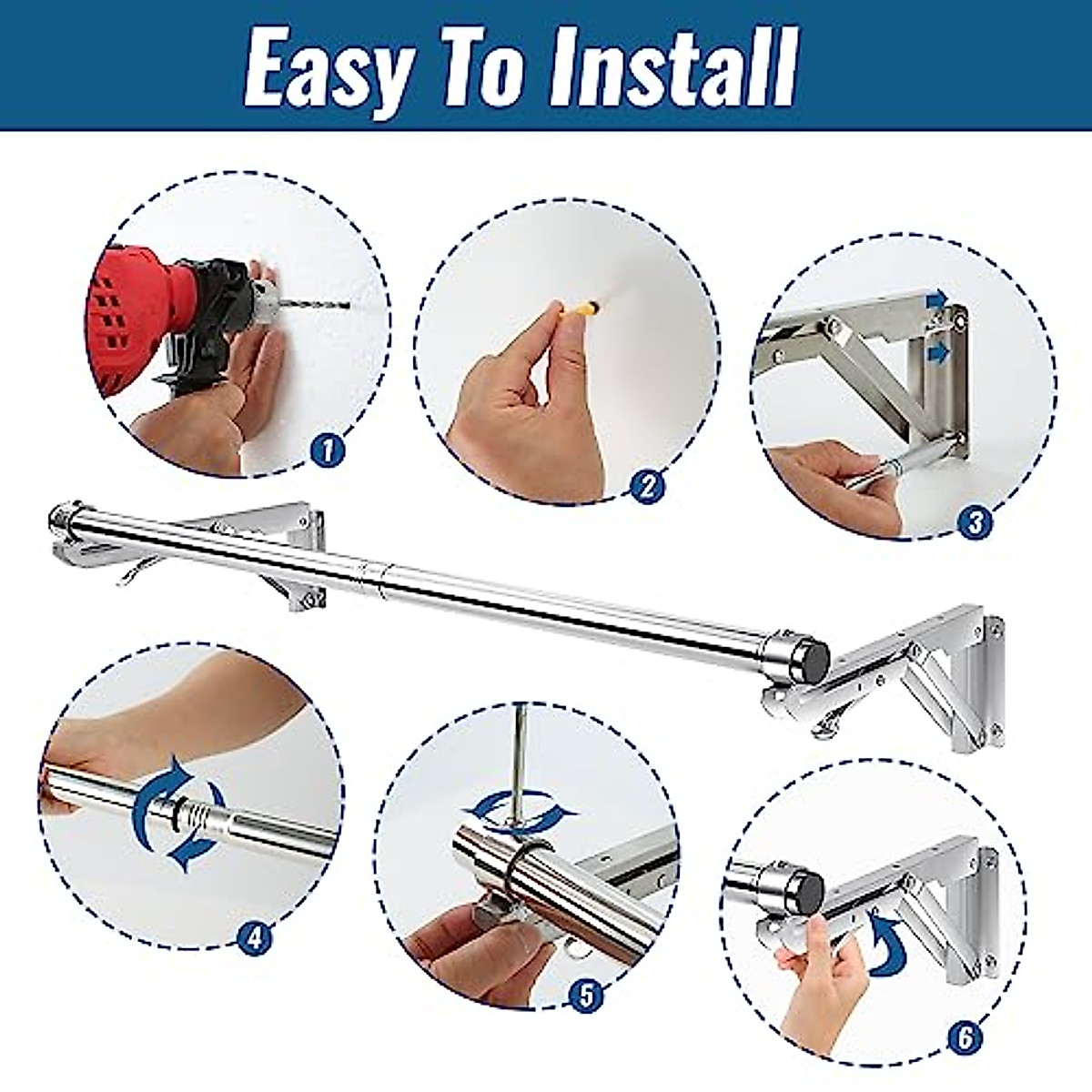 Foldable Wall Mounted Clothes Rack-30'' Long Rod&2 Thick Bases,Stainless Steel,Multi-Purpose for Space-Saving Garment Rack/Clothes Drying Rack/Clothes Hanger,Detachable and Top Shelf Room Reserved