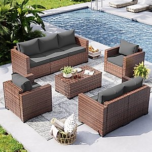 UDPATIO Outdoor Patio Furniture Set 5 Piece Wide Armrest Rattan Patio Sofa Sets w/Storage Table and Waterproof Covers for Poolside Deck Backyard, Grey