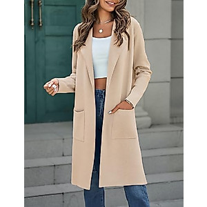 MEROKEETY Women's Open Front Coatigan Sweater Long Sleeve Casual Knit Lapel Cardigan Coat with Pockets, Apricot, Small