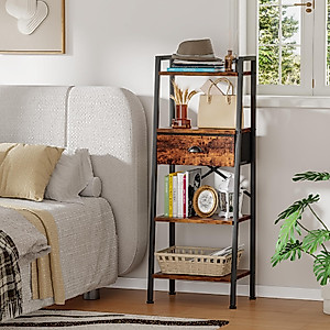 Furologee 4 Tier Ladder Shelf, Narrow Ladder Book Shelf with Drawer, Modern Bookcase Freestanding Shelf Units, Storage Shelves Organizer for Bedroom, Living Room, Bathroom, Home Office, Rustic Brown