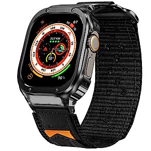 SUPLINK Stainless Steel Case and Nylon Bands Compatible with Apple Ultra 1/2 Watch Band 49mm for Men,Rugged Metal Cover Bumper Sport Strap for iWatch Series Ultra 2/Ultra 1 SE 9 8 7 6 5 4 3 2 1 Black