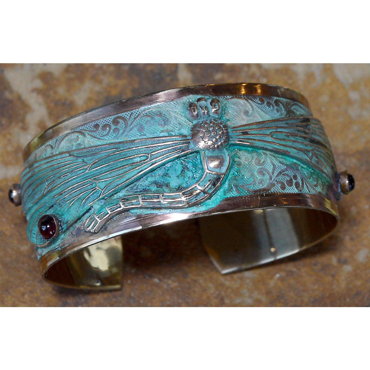 Elaine Coyne Collectible Artwear Dragonfly Cuff Bracelet - USA Made - Genuine Garnet